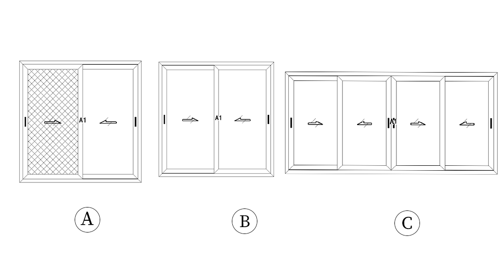 C:Two rails and four aluminum sliding windows.